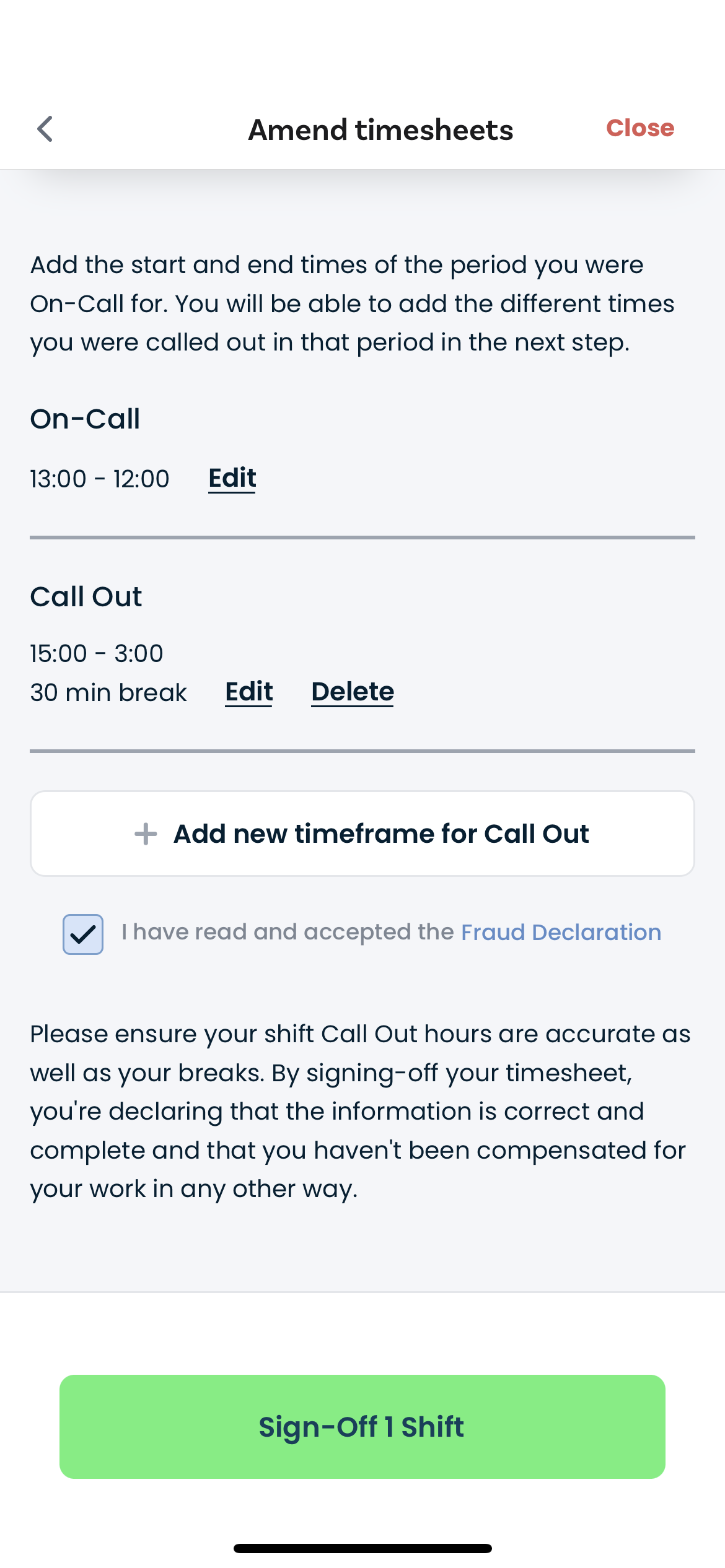 How do I request sign off for on call shifts?